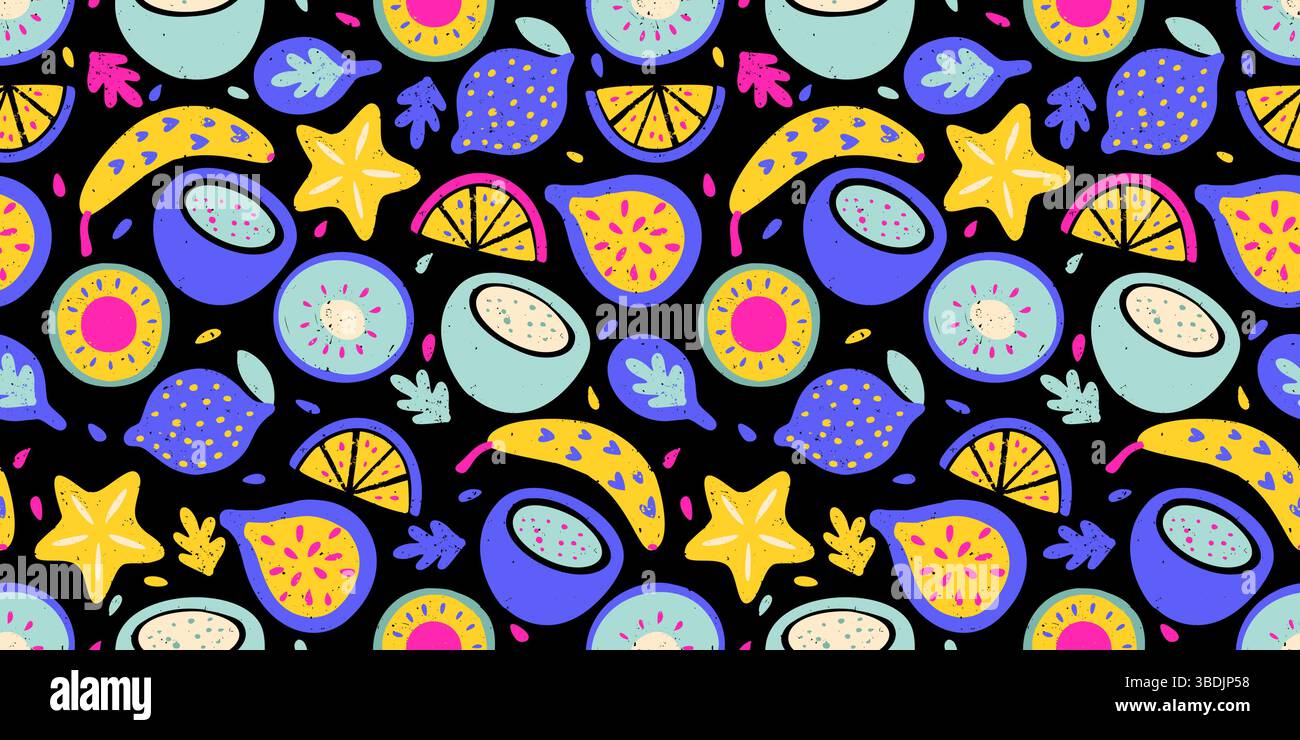 Tropical Exotic Fruit Pattern Crayon Bg Kiwi Lemon Banana Carambola ...