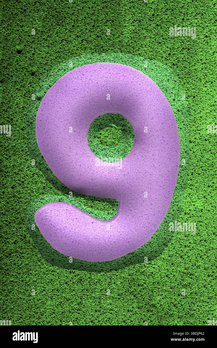 The number nine in a purple sponge like texture, raised 3D from the ...