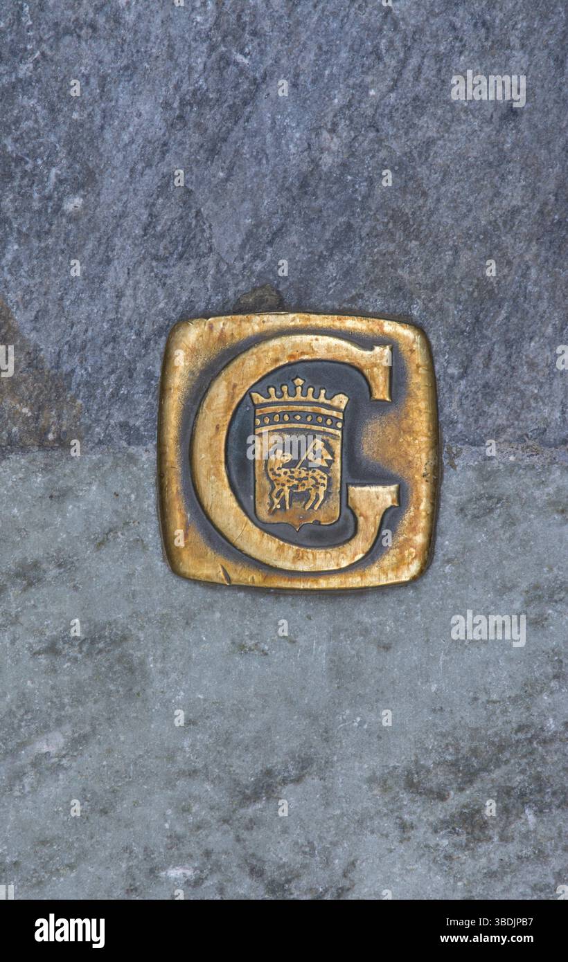 Logo, Coat of arms, Brass plate, Stumbling block, Marker, Grasse, Var ...