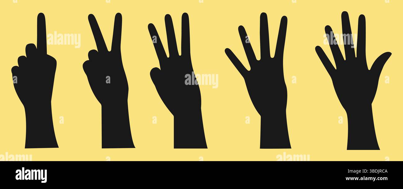 A collection of black silhouettes of hands. Hands counting from one to ...