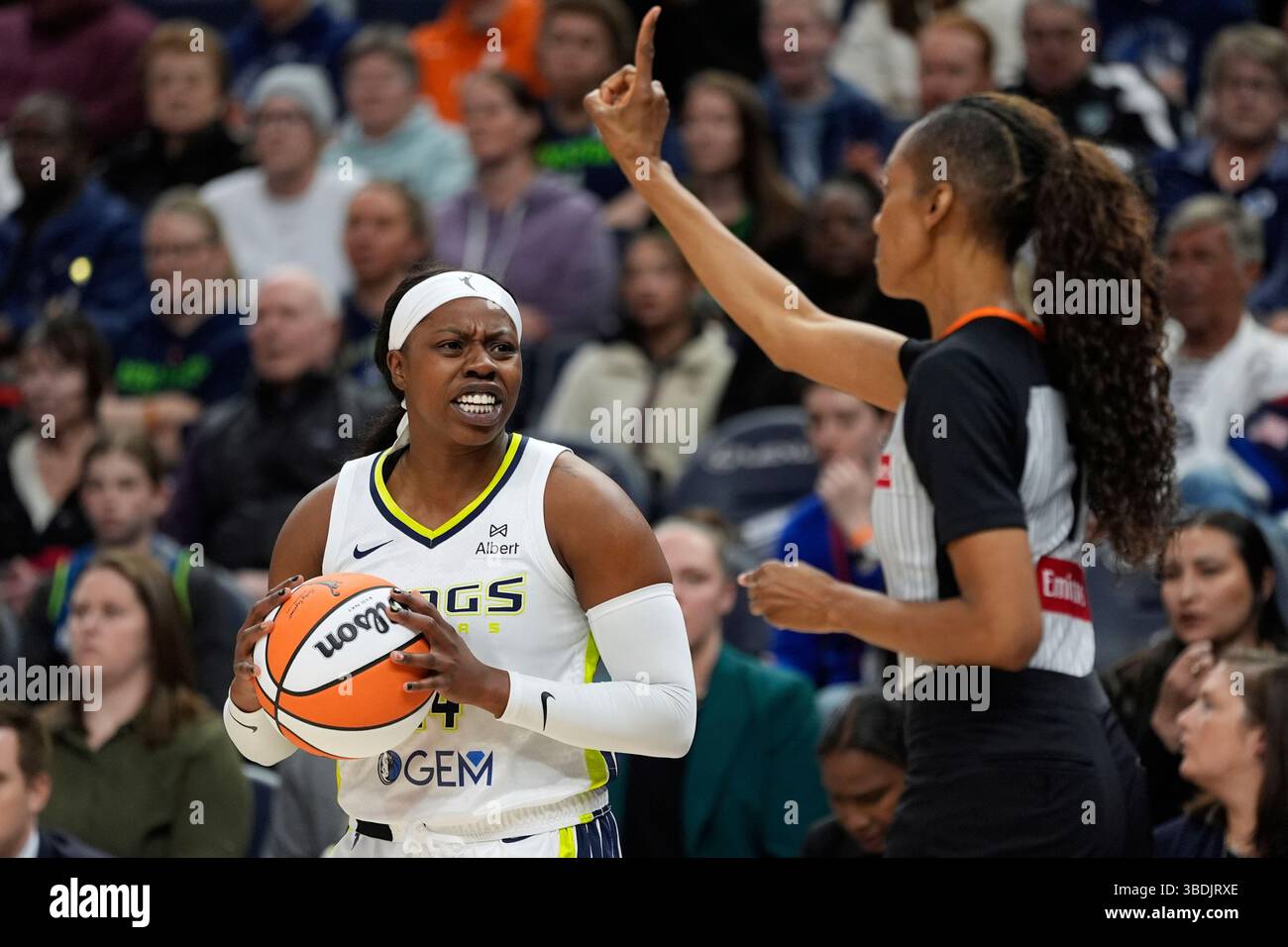 Dallas Wings guard Arike Ogunbowale (24) reacts toward a referee during ...