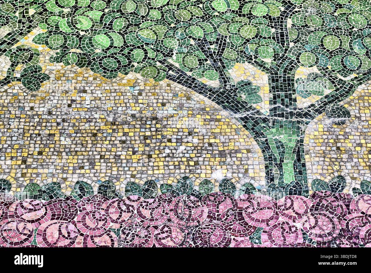 Detail of an ancient mosaic, tree and rose garden of an unknown artist ...