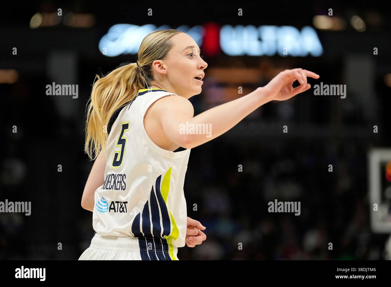 Dallas Wings guard Paige Bueckers (5) watches a shot attempt during the ...