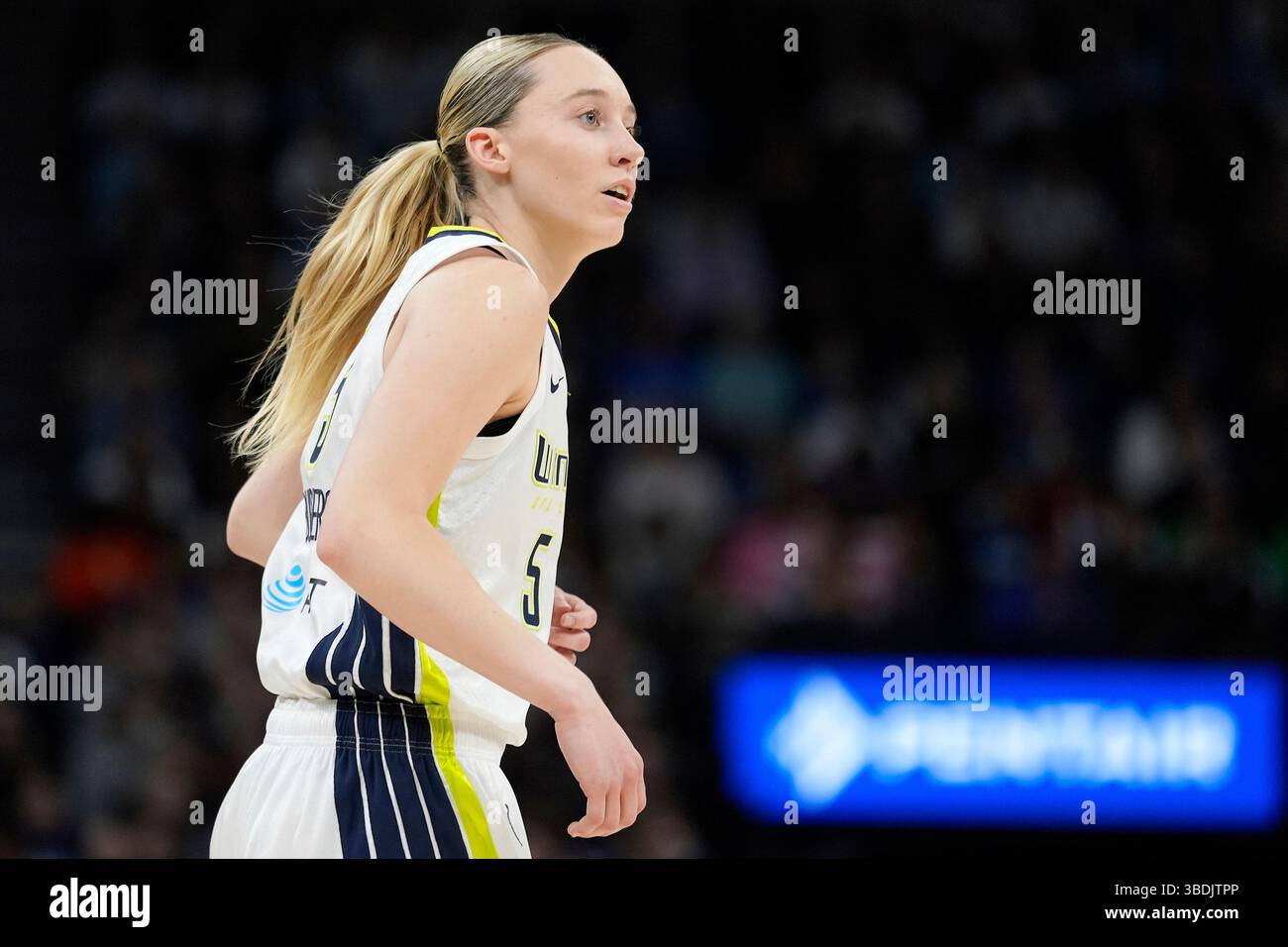 Dallas Wings guard Paige Bueckers (5) watches a shot attempt during the ...