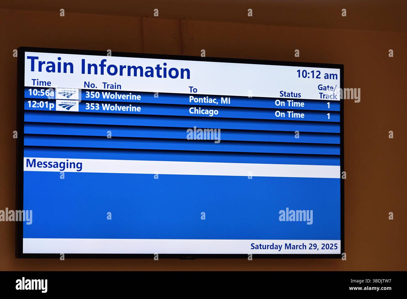Battle Creek, Michigan, USA. An electornic board inside an Amtrak ...