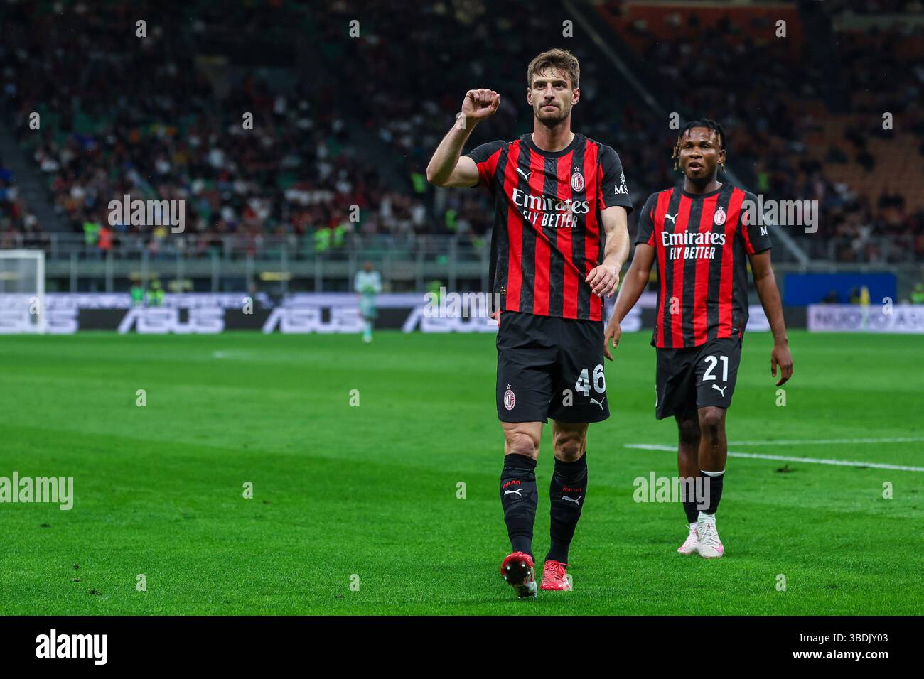Milan, Italien. 24th May, 2025. Matteo Gabbia of AC Milan celebrates after scoring a goal during ...