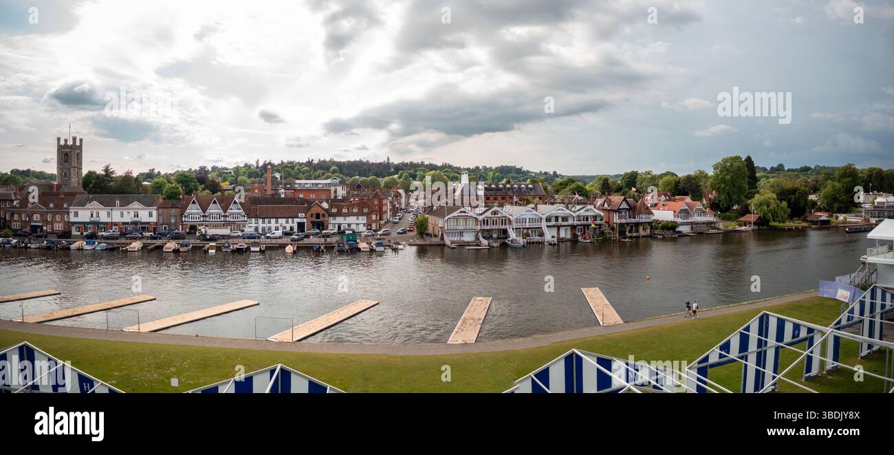 Panoramic, elevated view of a historic English riverside town, with a ...