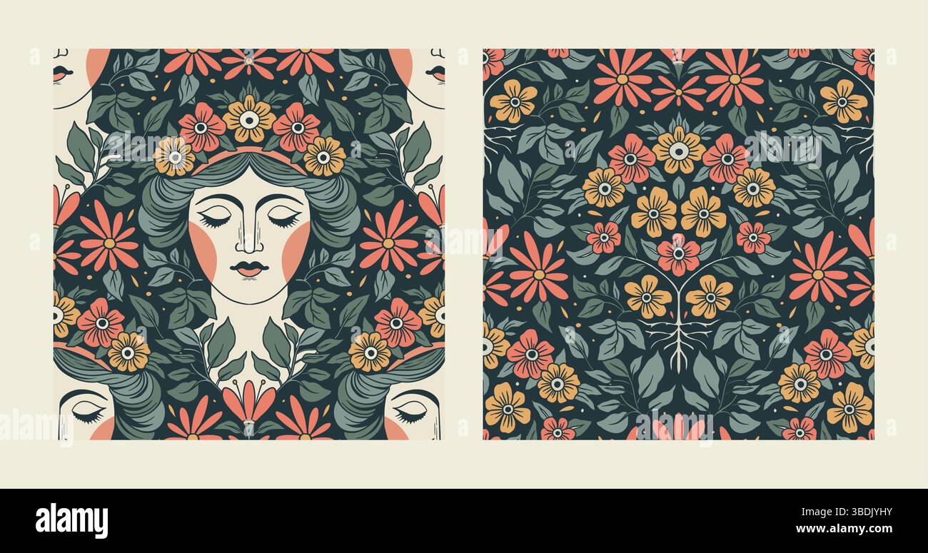 Vintage Pattern Ethnic Motif Set Floral Woman Face Flower Seamless ...