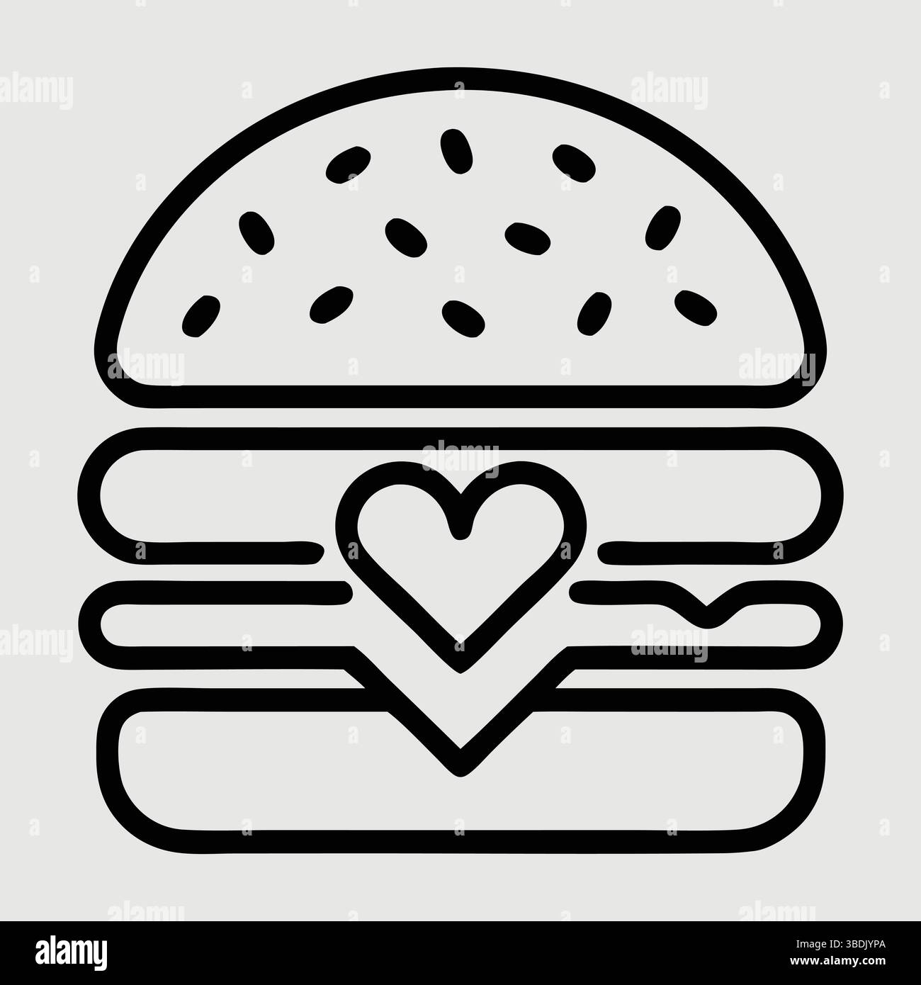 A minimalist line drawing of a burger with a heart shape in the middle ...