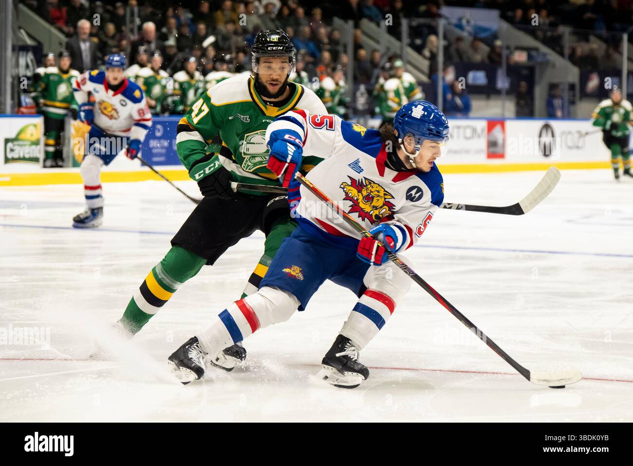 Moncton Wildcats' Etienne Morin (5) protects the puck from London ...