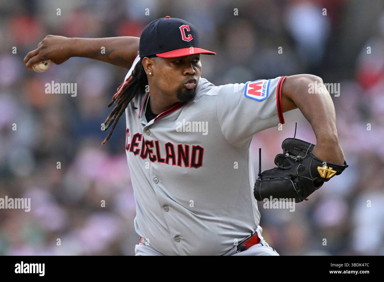 Cleveland Guardians starting pitcher Luis L. Ortiz throws against the ...