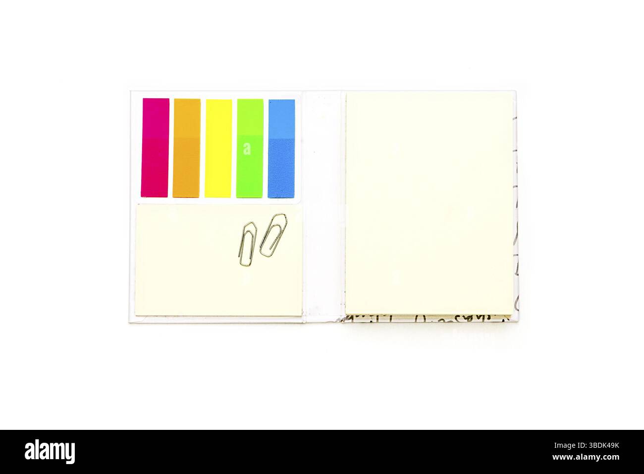 Open book with color tick notes and paper clips, isolated on white ...