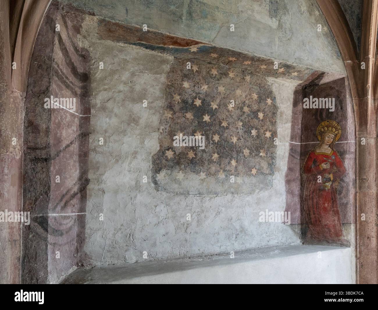 Switzerland - 8 July 2020: close up view of a gothic wall mural inside ...