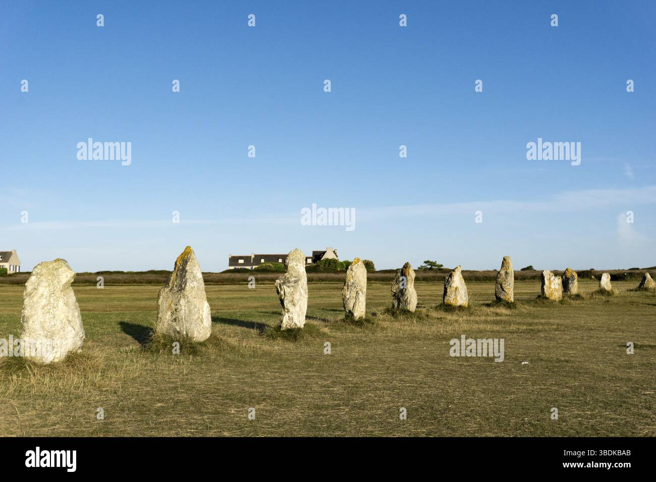 view of prehistoric monolith stone alignments in Brittany in warm ...
