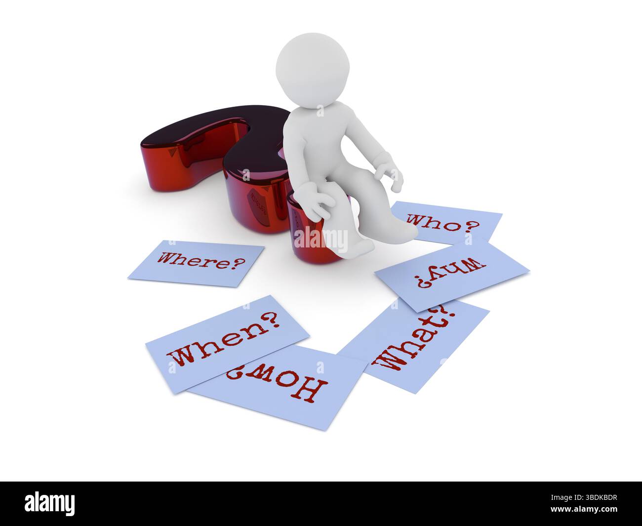 Small character sitting on a glossy red question mark, six sticky notes ...