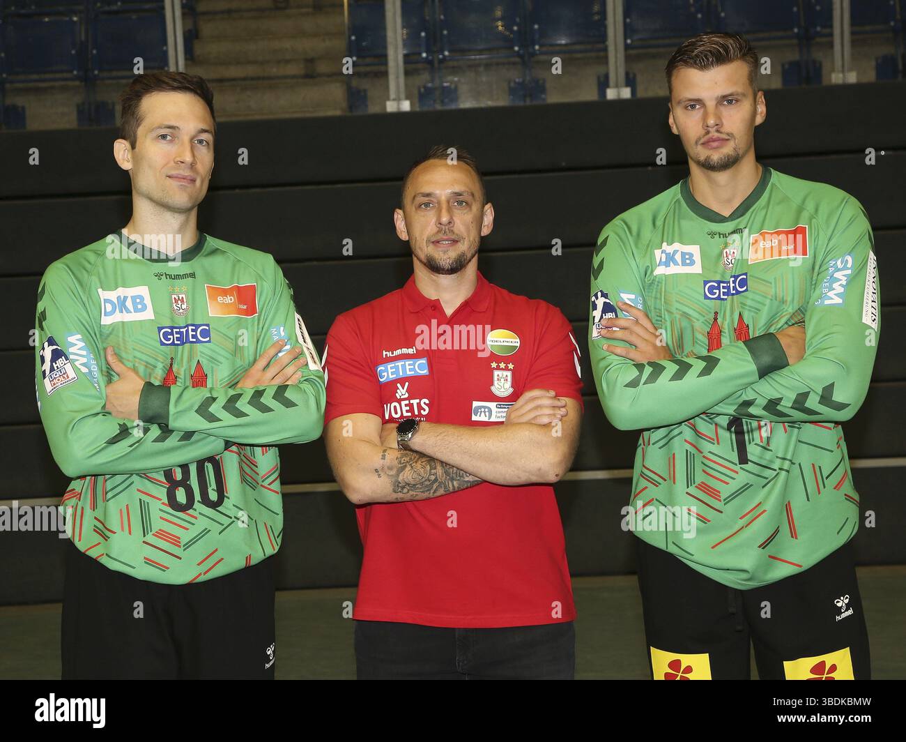 Swiss handball goalkeeper Nikola Portner, goalkeeper coach Dino ...