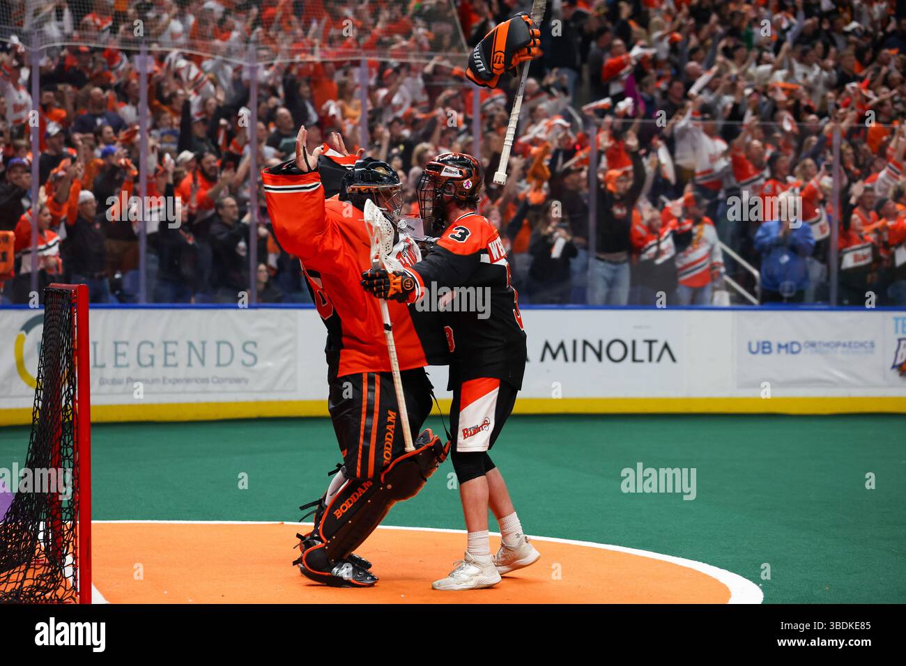 May 24th 2025: Buffalo Bandits defenseman Thomas Whitty (3) and goaltender Matt Vinc (48 ...