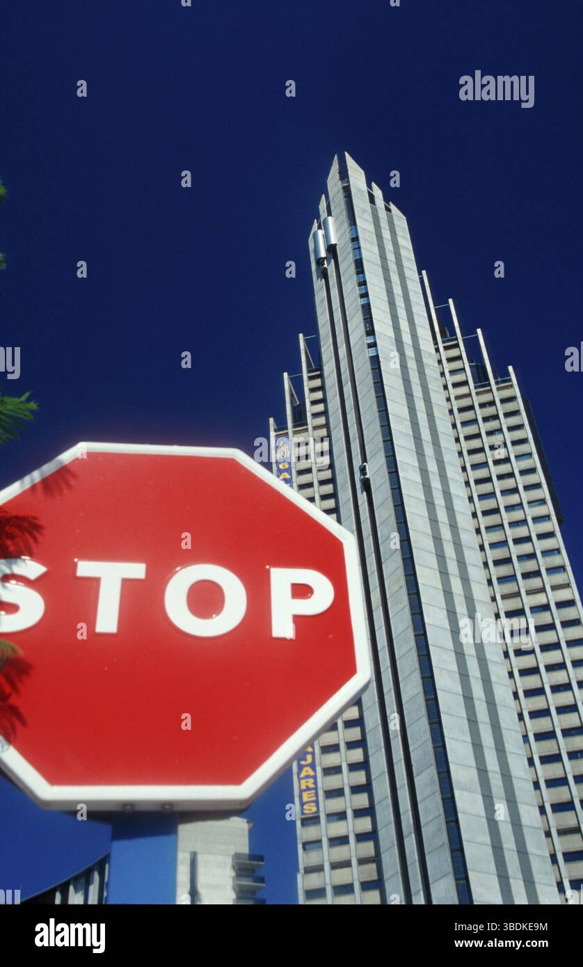Stop sign in front of the Gran Hotel Bali, 186 m, highest hotel in ...