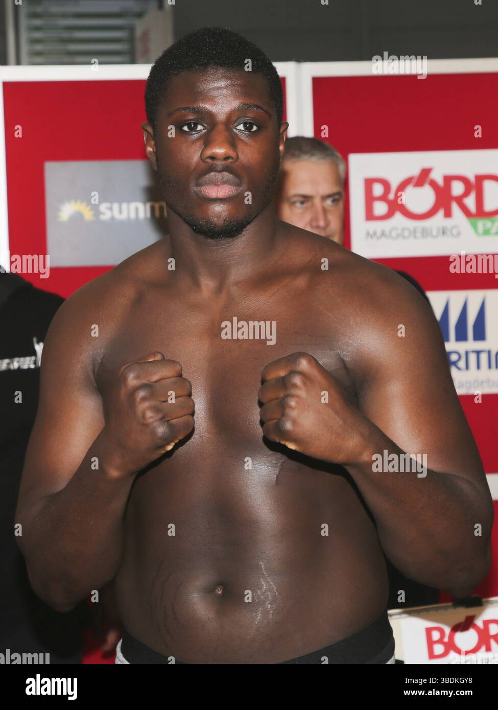 Heavyweight boxer Peter Kadiru (SES Boxing) at the weigh-in for the ...