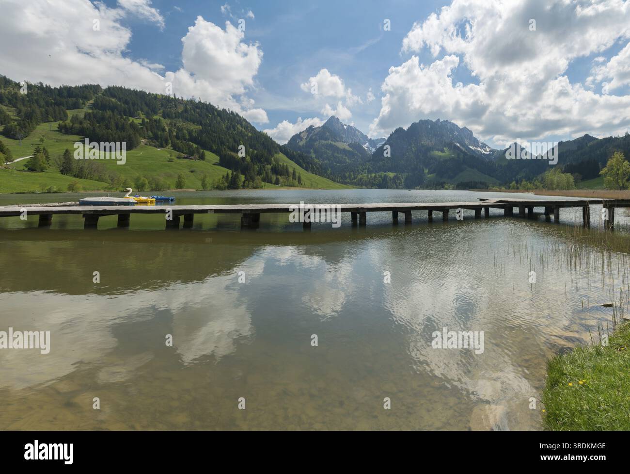 Horizontal view of a long wooden boardwalk on a calm and placid ...