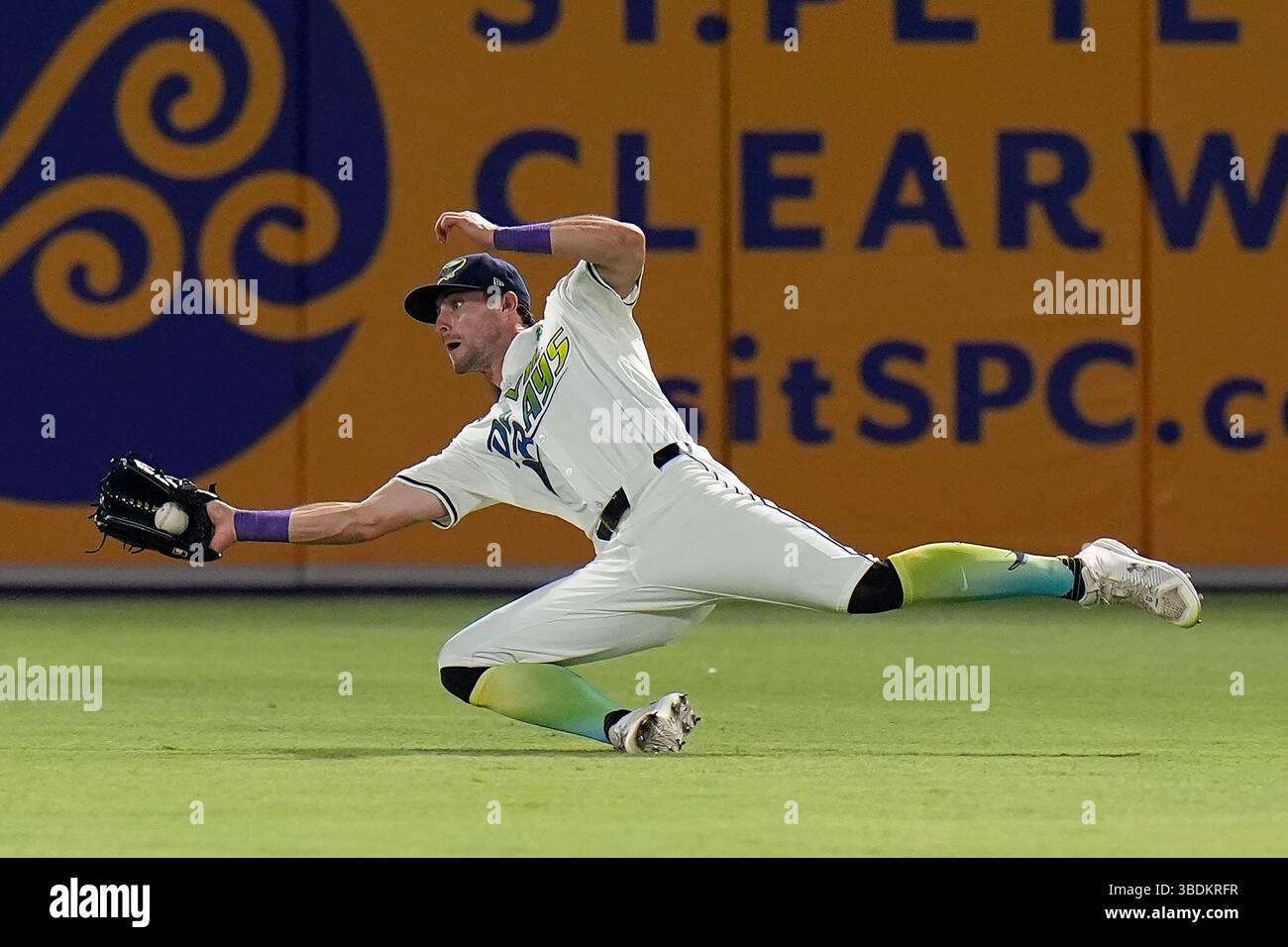 Tampa Bay Rays outfielder Kameron Misner makes a slidinig catch on a ...