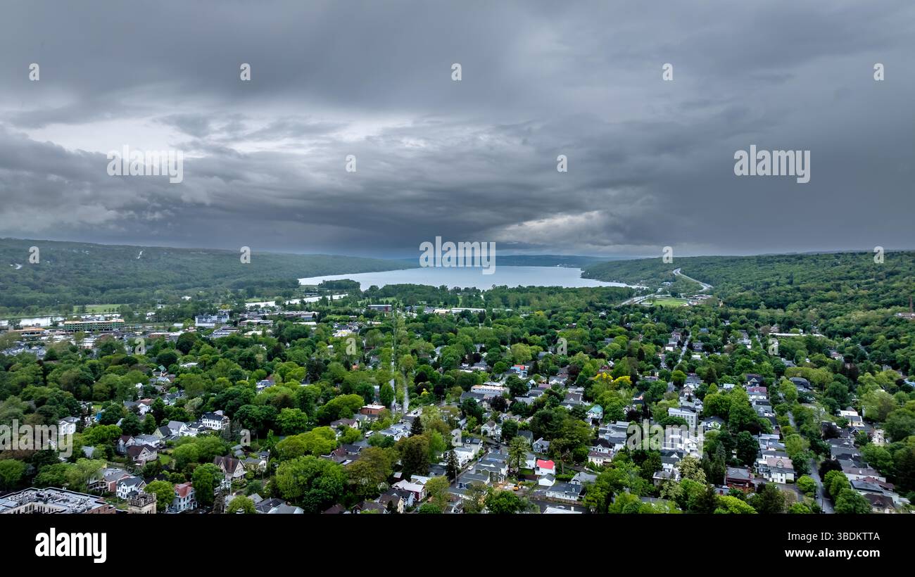 Ithaca, NY, USA - May 24, 2025 - Afternoon aerial spring image of the ...