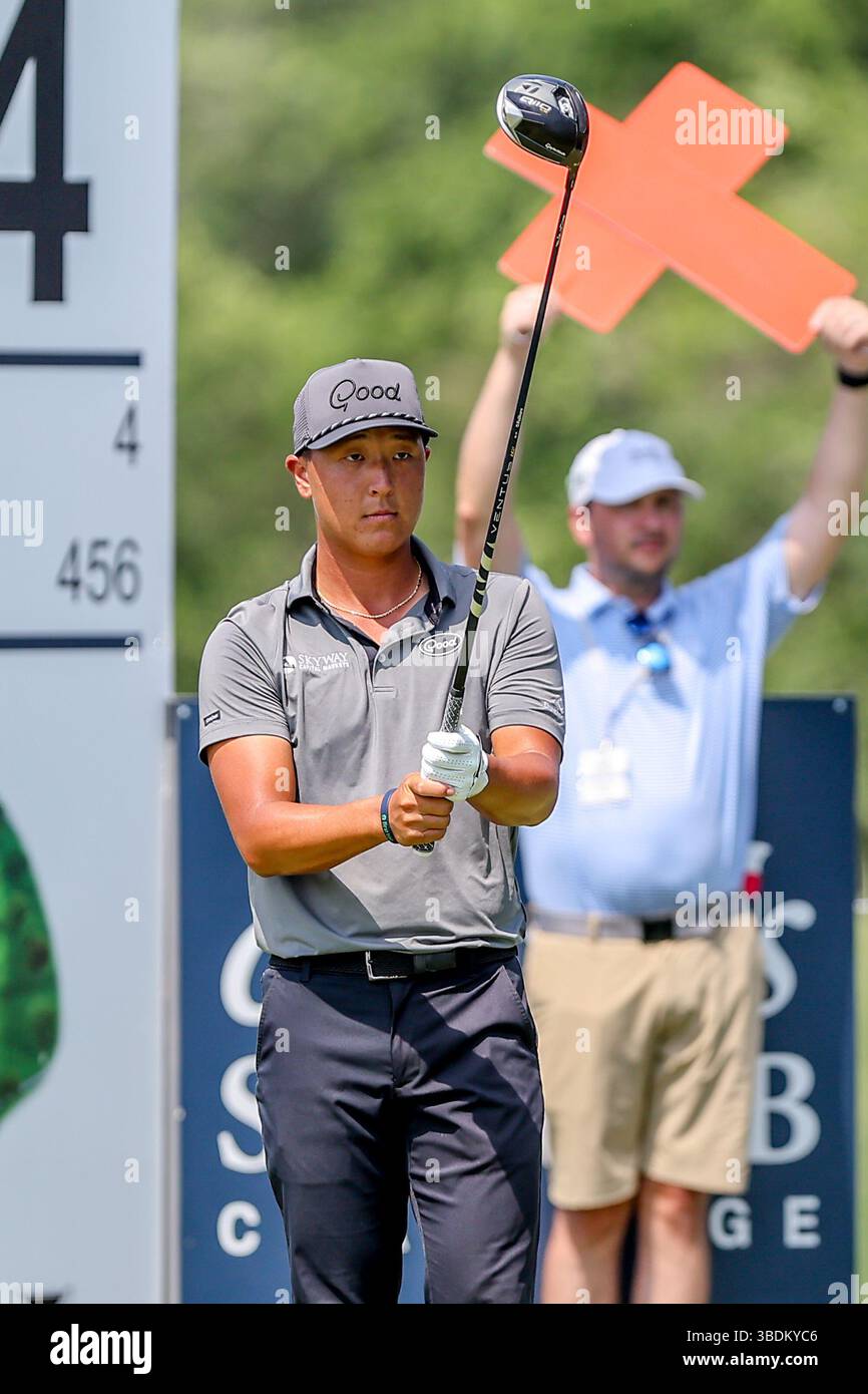 Fort Worth, TX, USA. 24th May, 2025. John Pak readies for his tee shot ...