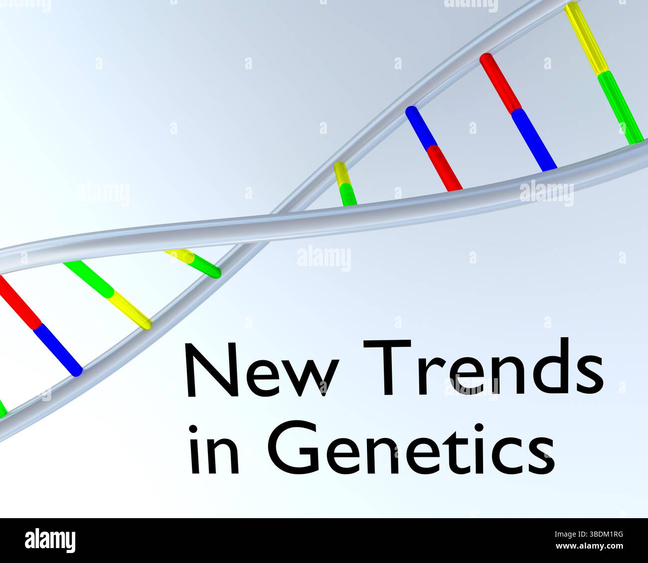 3D illustration of New Trends in Genetic script below a DNA double ...