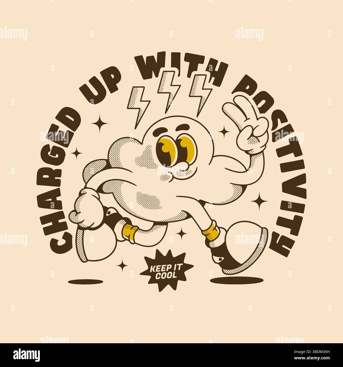 Energetic cloud cartoon walking with peace and confidence in a retro ...