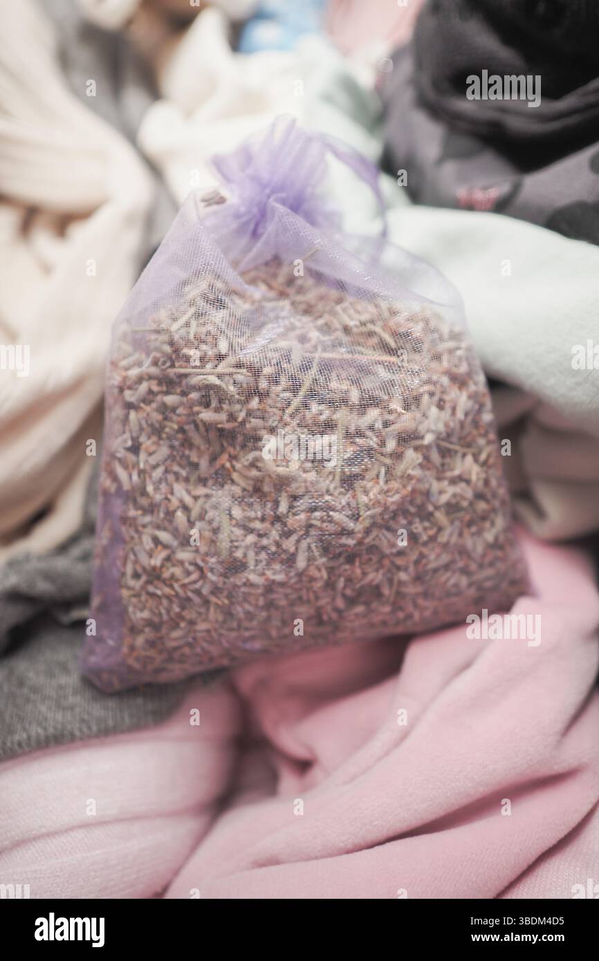 Lavender sachet on a pile of soft blankets Stock Photo - Alamy