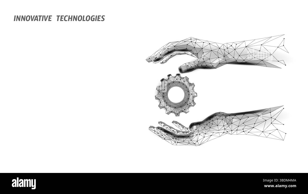 Gear mechanism held by hands. Digital polygon technology process ...
