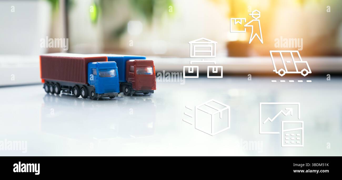 Toy cargo trucks on desk with logistics icons overlayed, representing ...