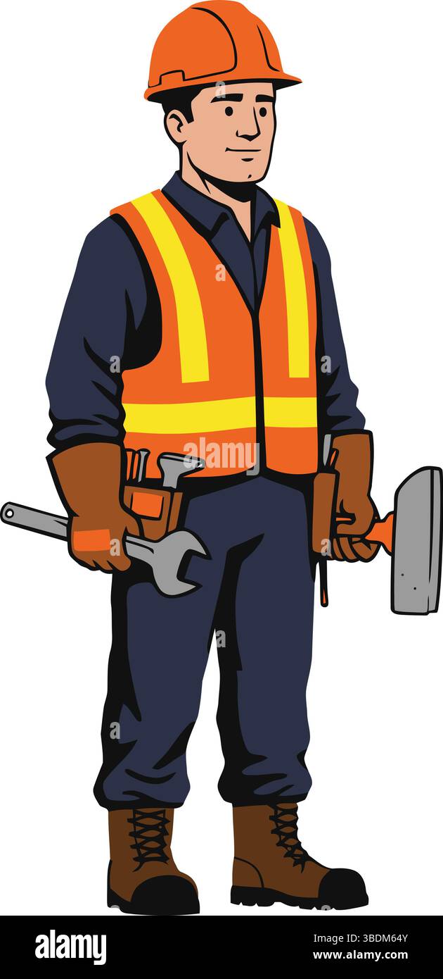 Construction Worker Holding Heavy Tools with Safety Gear Stock Vector ...