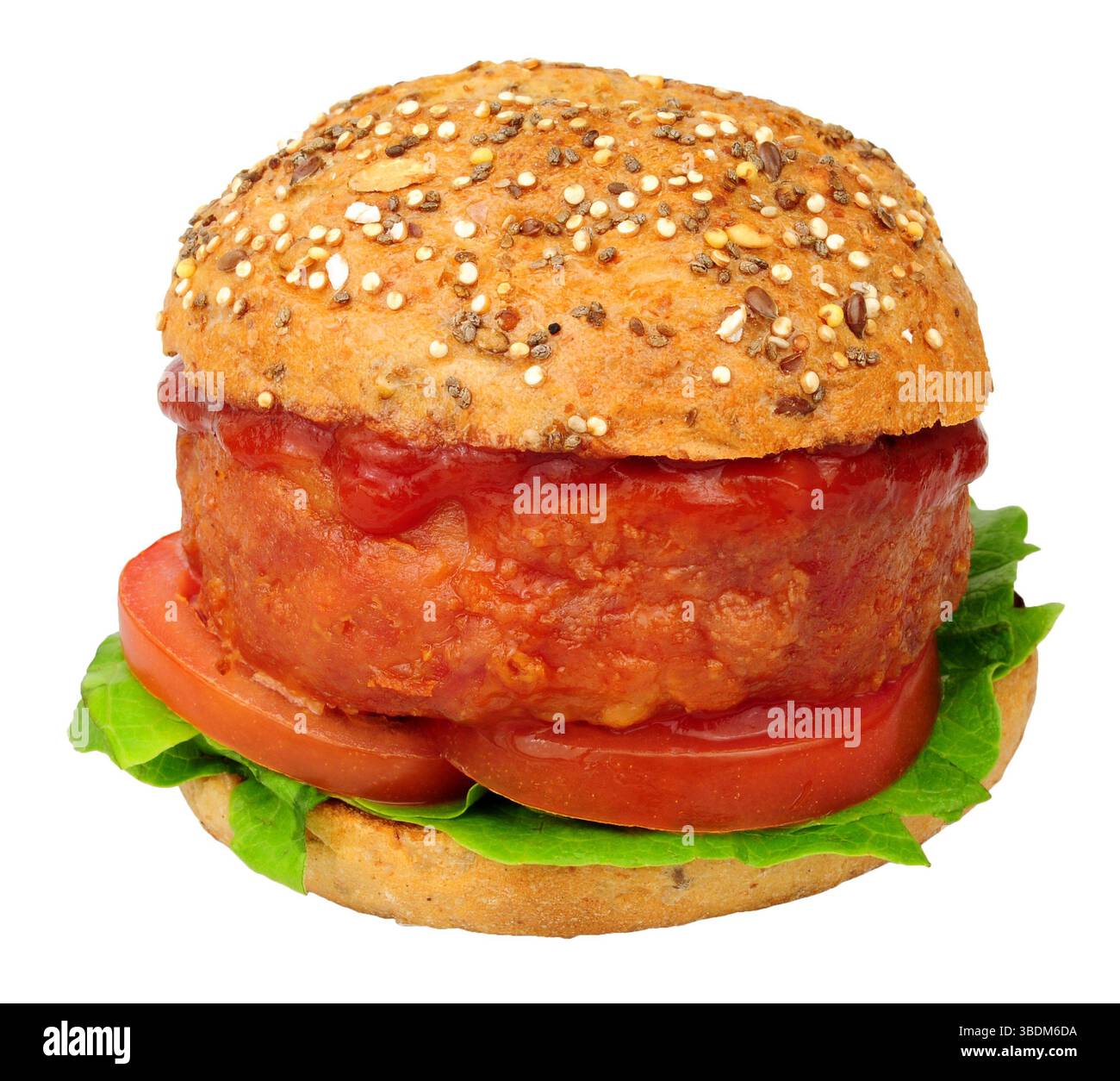 Chopped pork burger sandwich in a seeded bread roll with lettuce and ...