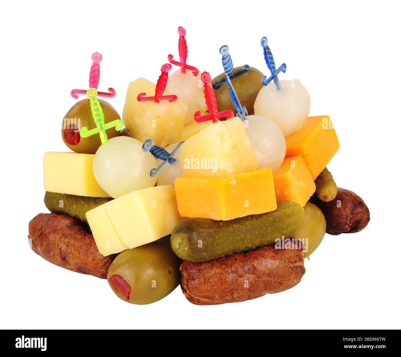 Group of retro cocktail party snacks with cheese, olives, mini pork ...
