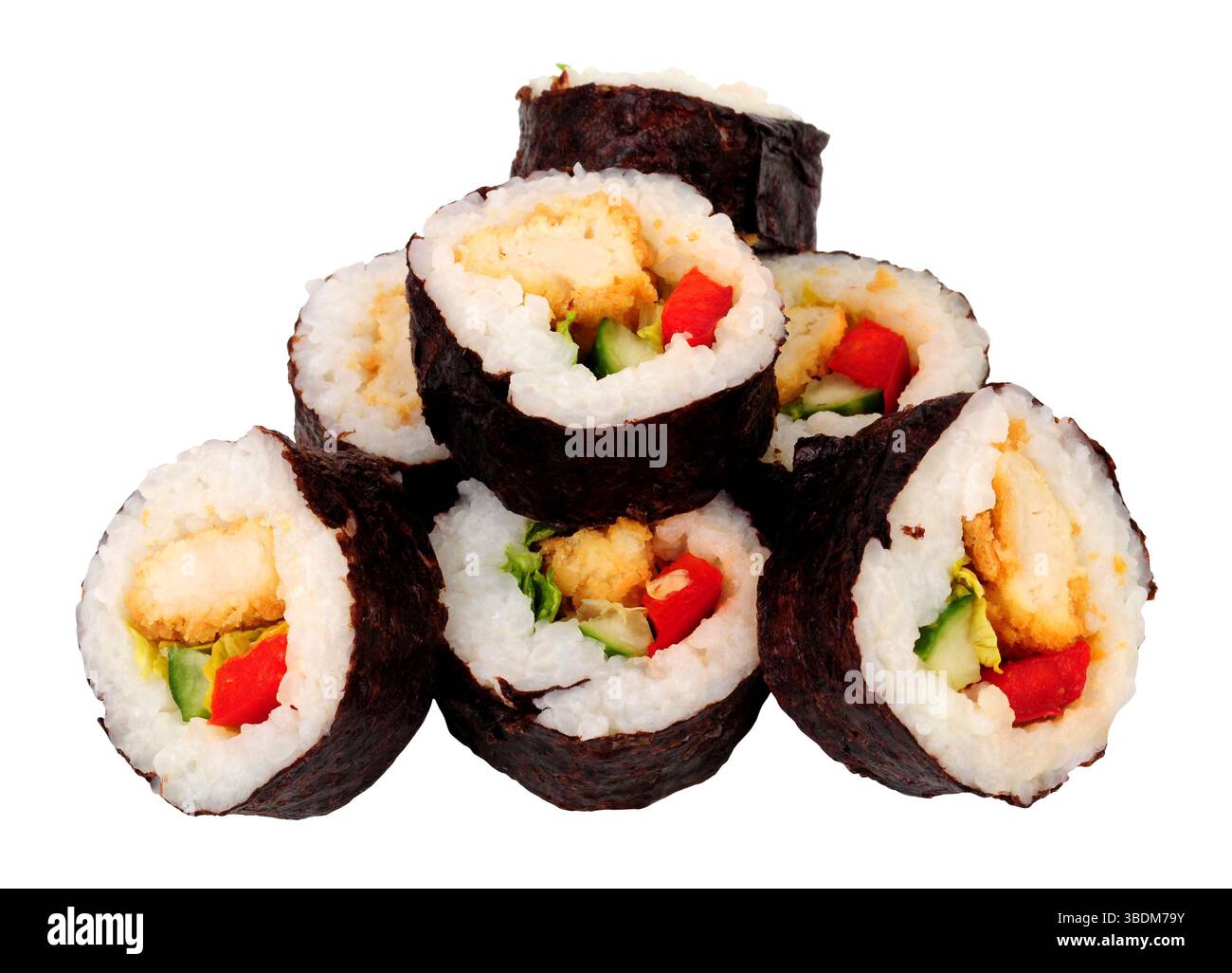 Group of chicken katsu dragon seaweed wrapped rice rolls with red ...