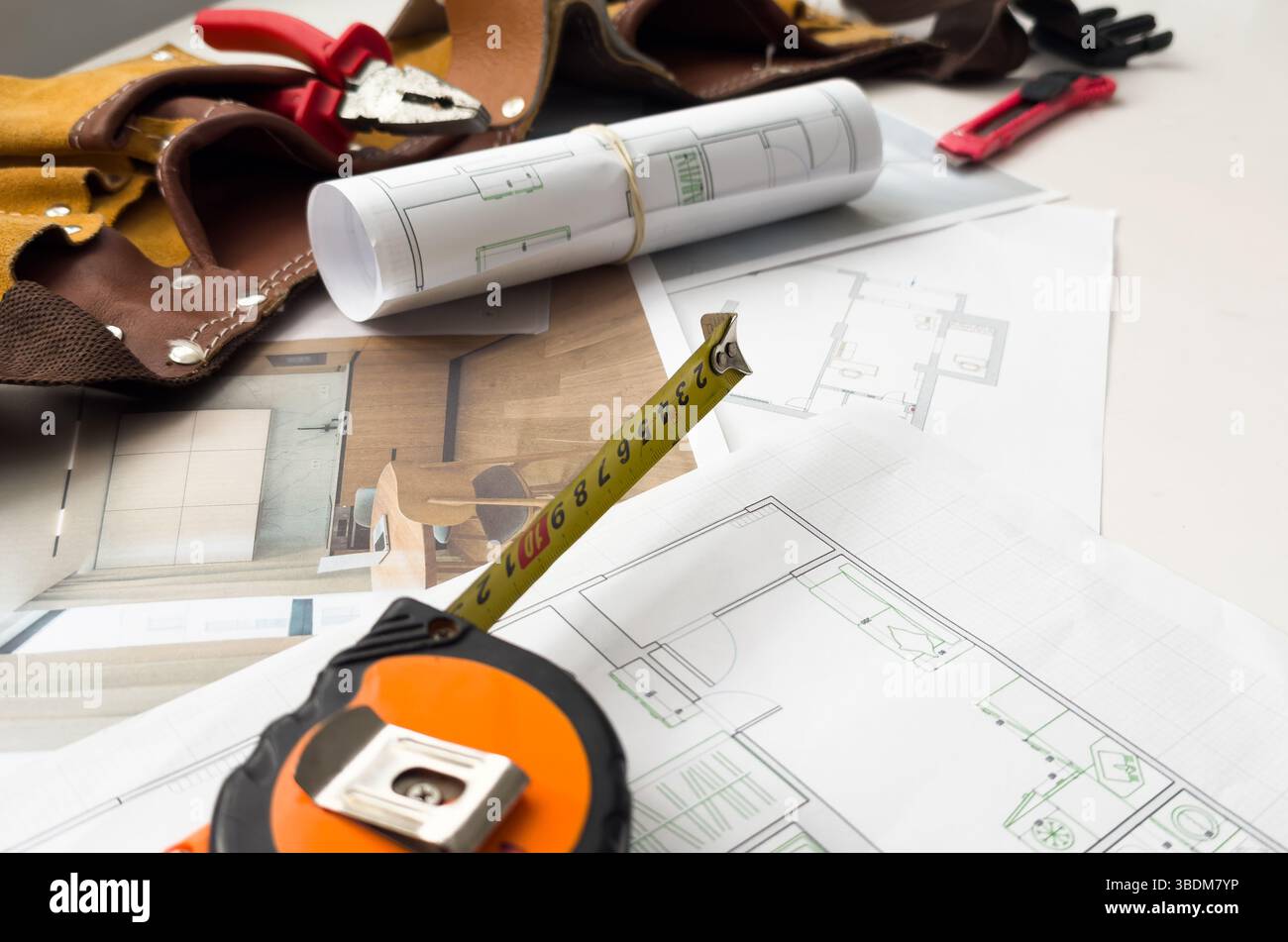 Architectural engineering design plan drawing on the table. Architect's ...