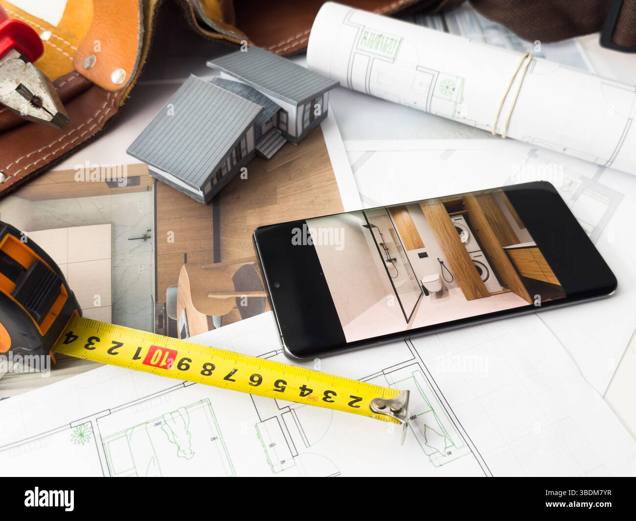 Architectural engineering design plan drawing on the table. Architect's ...