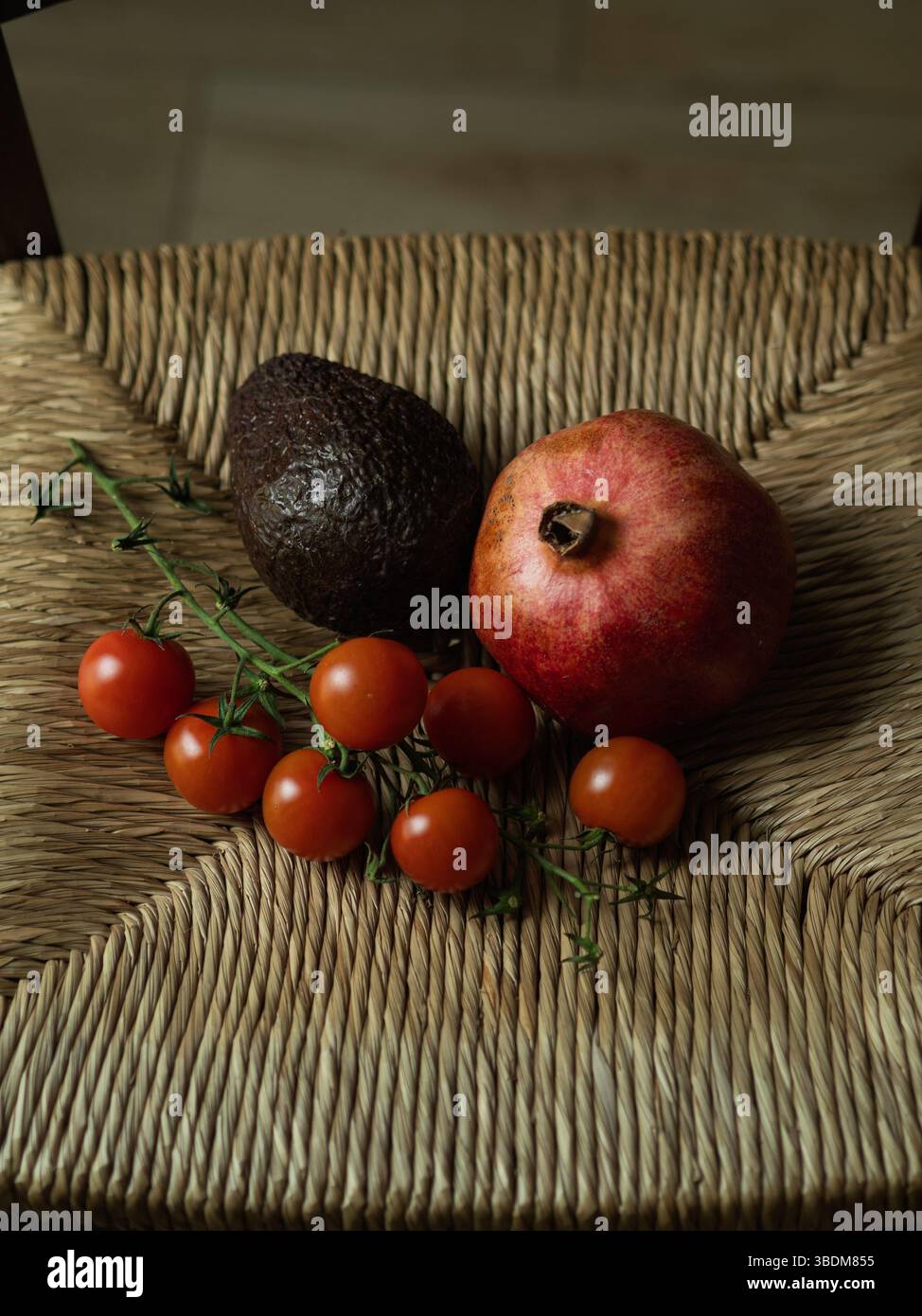 Mediterranean Still Life with Pomegranate, Cherry Tomatoes, and Avocado ...