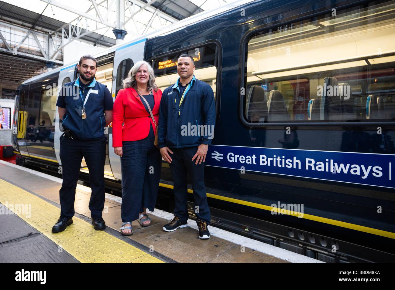 Transport Secretary Heidi Alexander (centre) poses with SWR train drivers ahead of boarding the ...