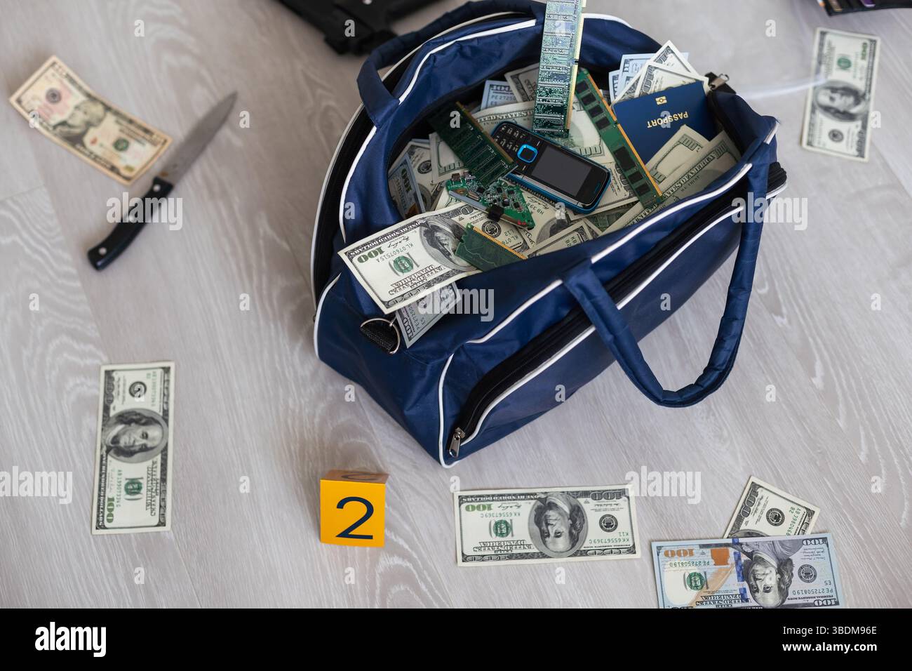 Guns and drugs concept - top view of cocain packages, drug bags and gun ...