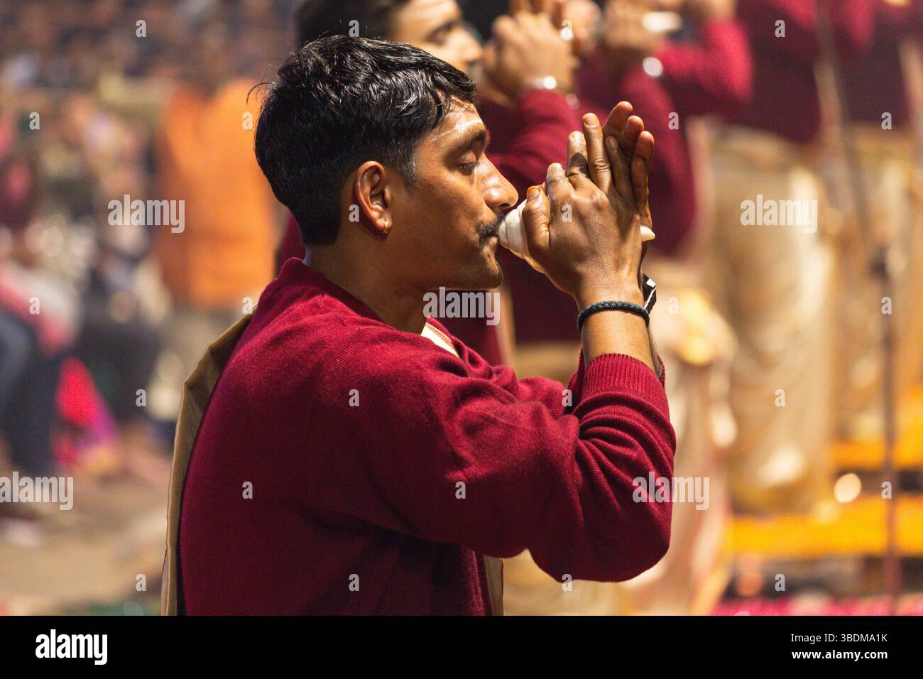 India, Uttar Pradesh, Varanasi, Evening Ganga Aarti Rituals Performed ...