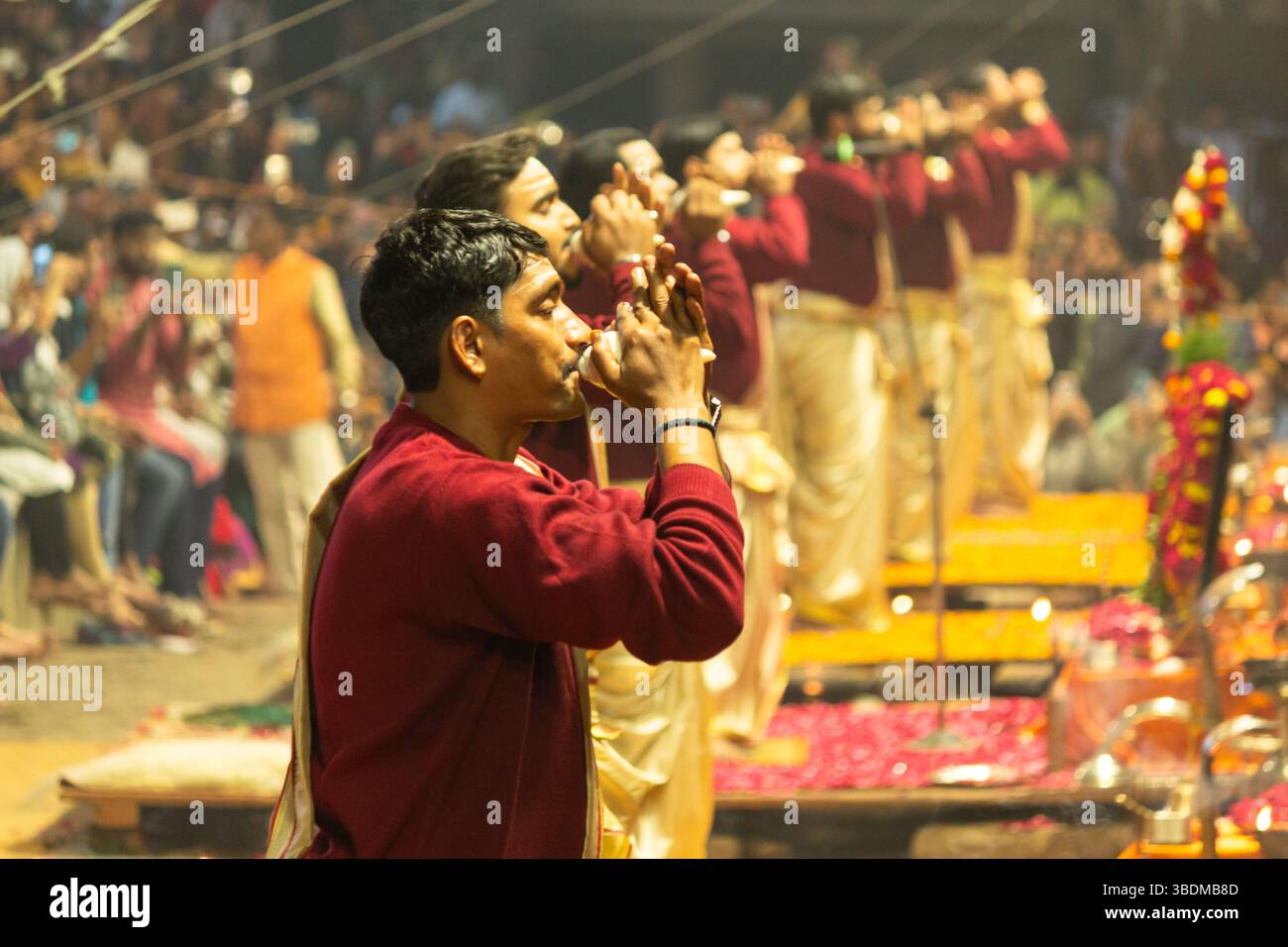 India, Uttar Pradesh, Varanasi, Evening Ganga Aarti Rituals Performed ...