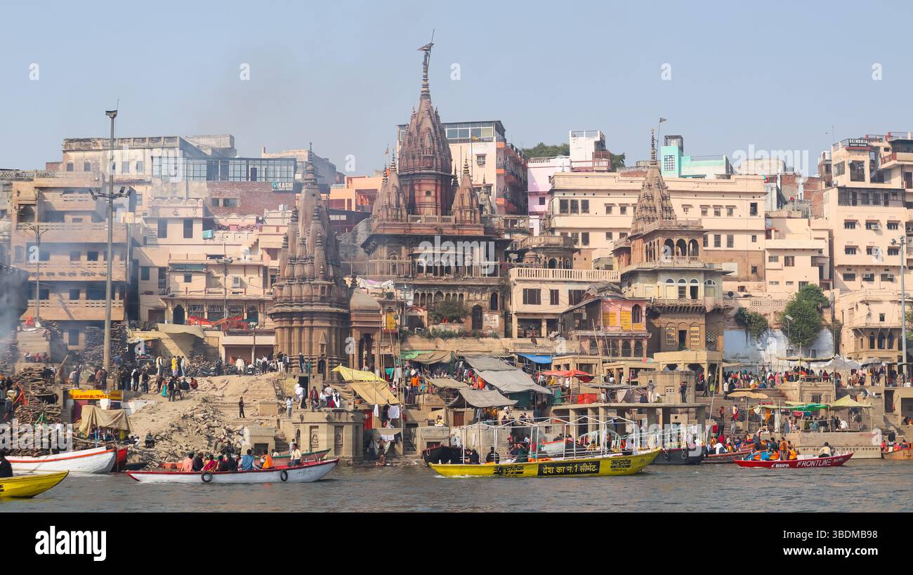 India, Uttar Pradesh, Varanasi, Ancient Temples on the Ghats of ...