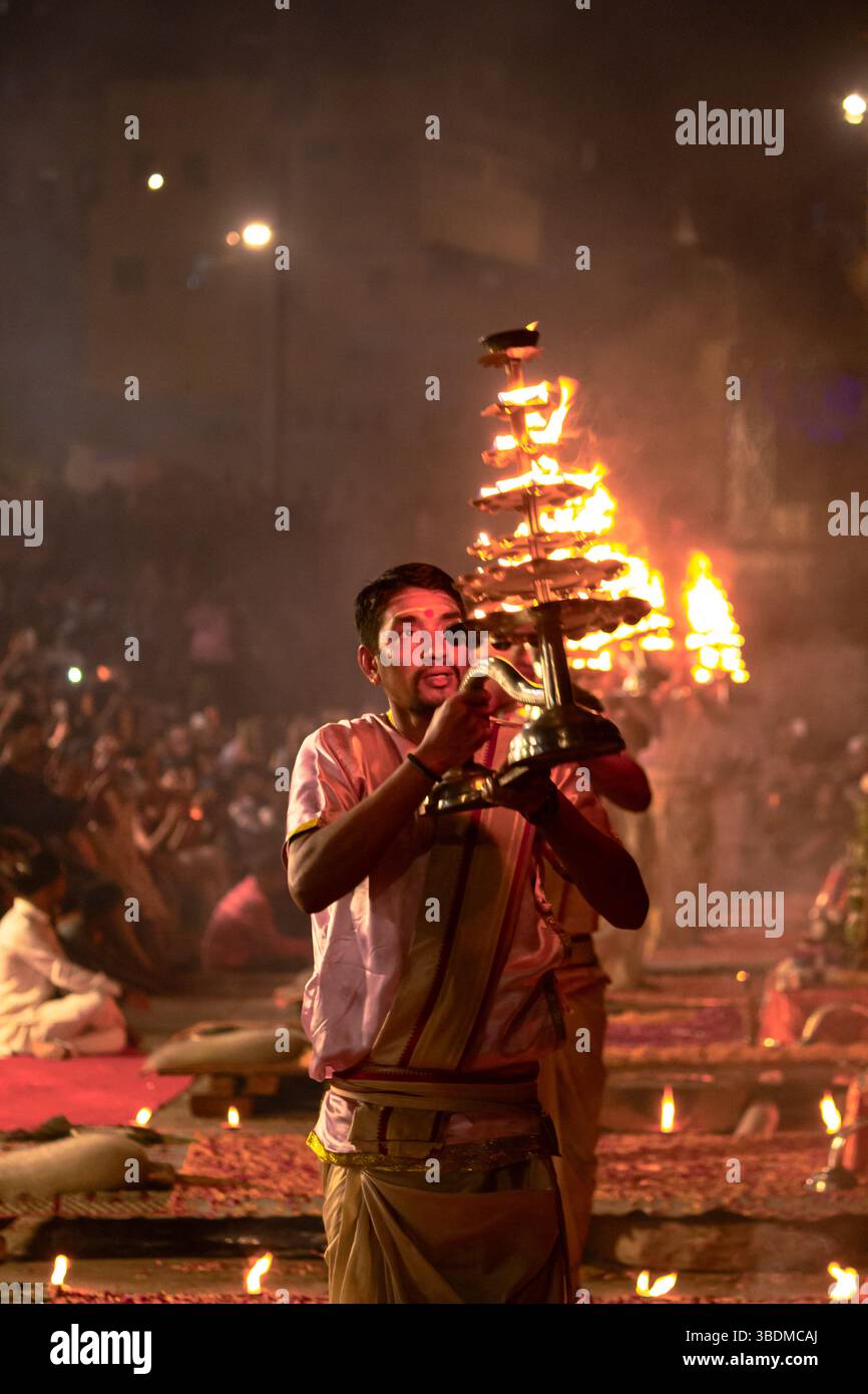 India, Uttar Pradesh, Varanasi, Evening Ganga Aarti Rituals Performed ...