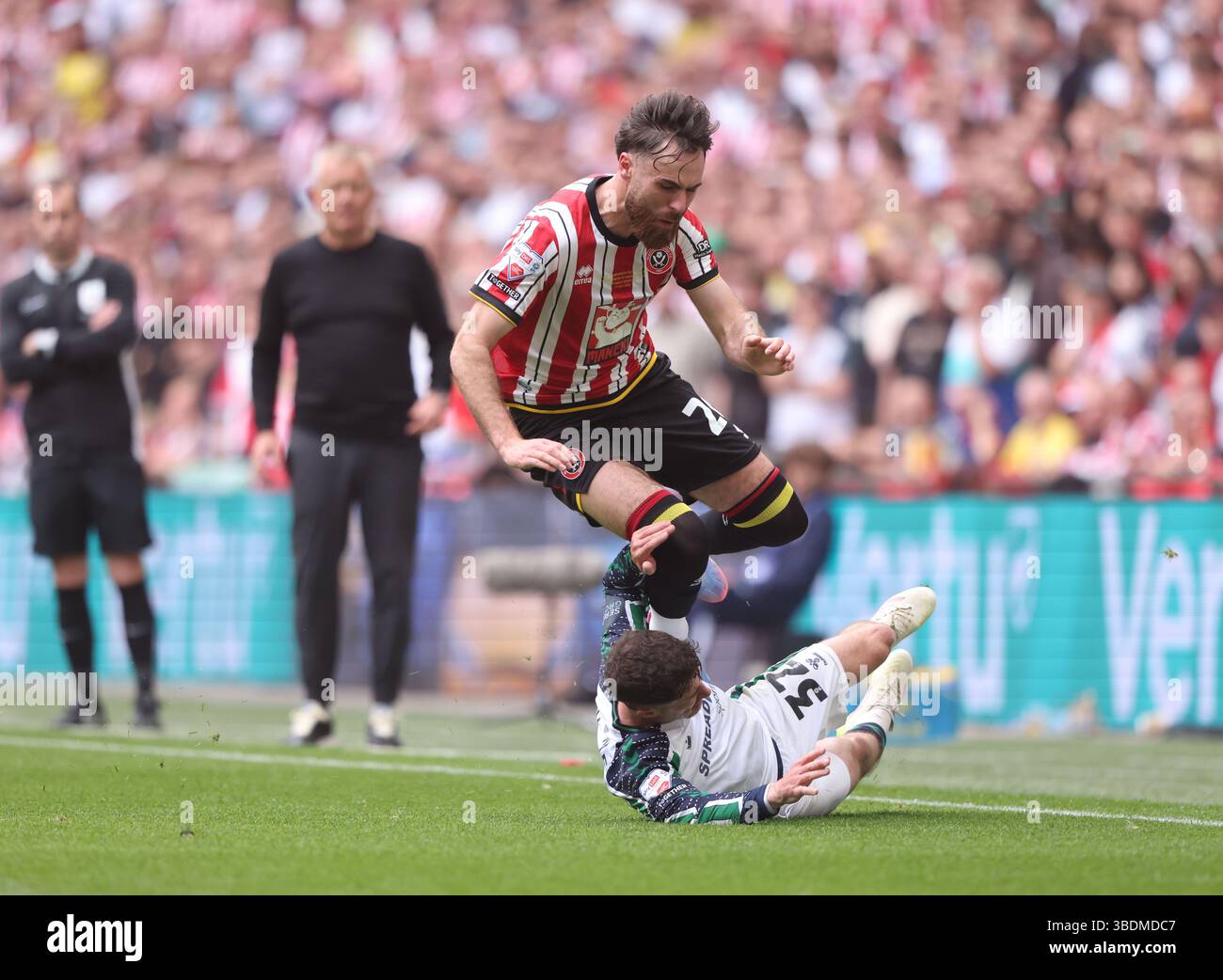 London, UK. 24th May, 2025. Trai Hume (S) Ben Brereton Diaz (SU) at the ...