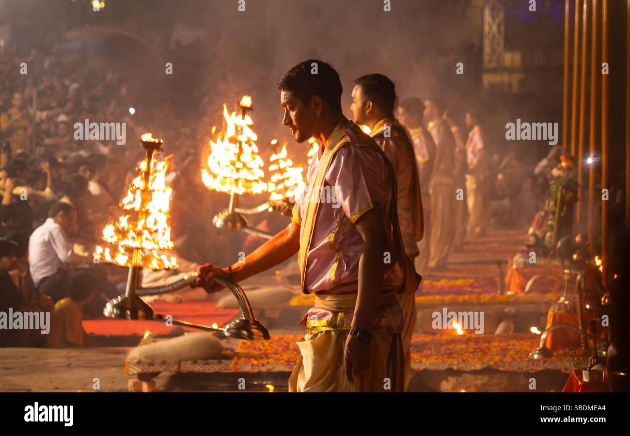 India, Uttar Pradesh, Varanasi, Evening Ganga Aarti Rituals Performed ...