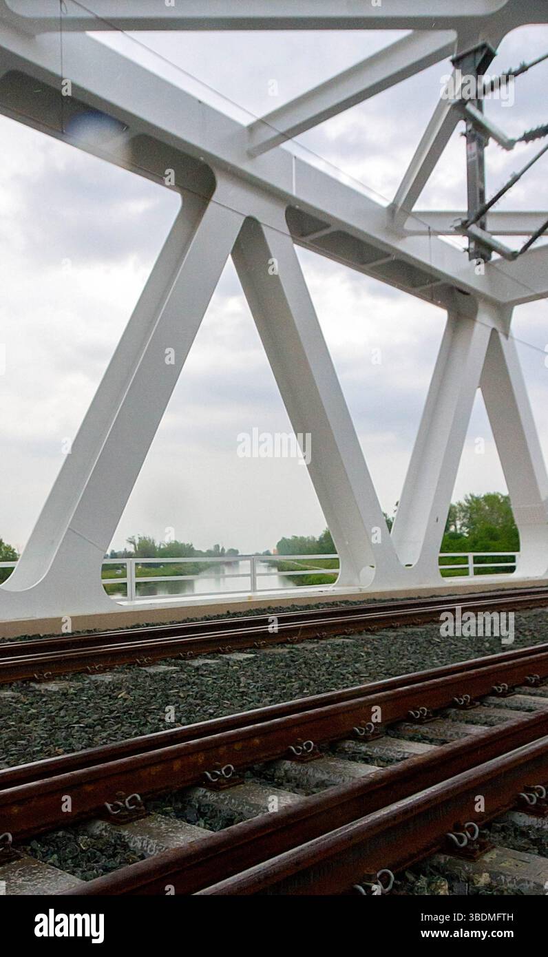 Straight-on view of steel railway bridge with two tracks. Strong ...