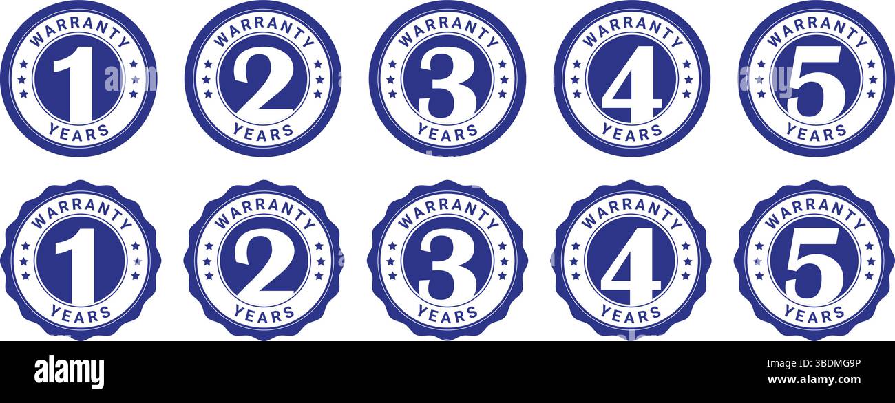 blue and white warranty years badge icons from 1 to 5 for quality ...