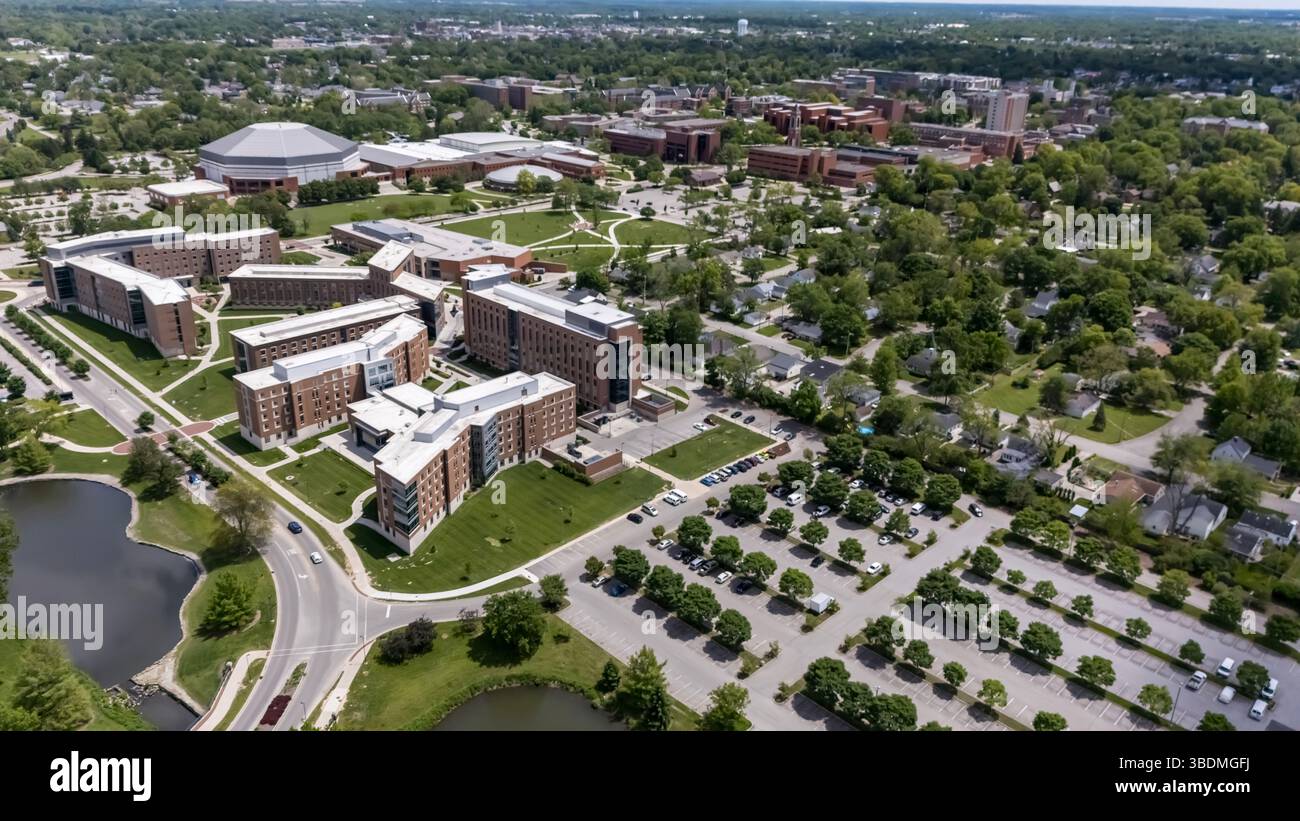 Aerial view of Ball State University in Muncie, Indiana shows red-brick ...